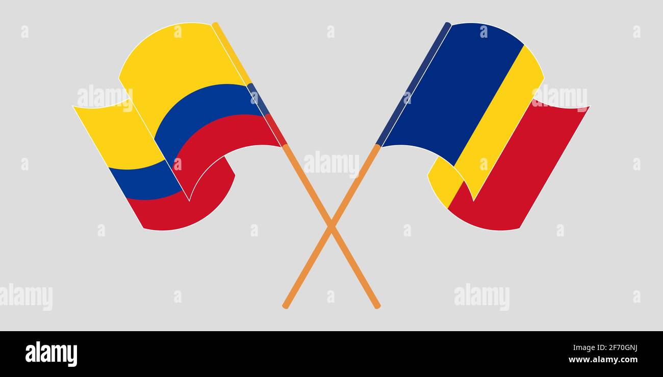 Crossed and waving flags of Colombia and Romania. Vector illustration ...
