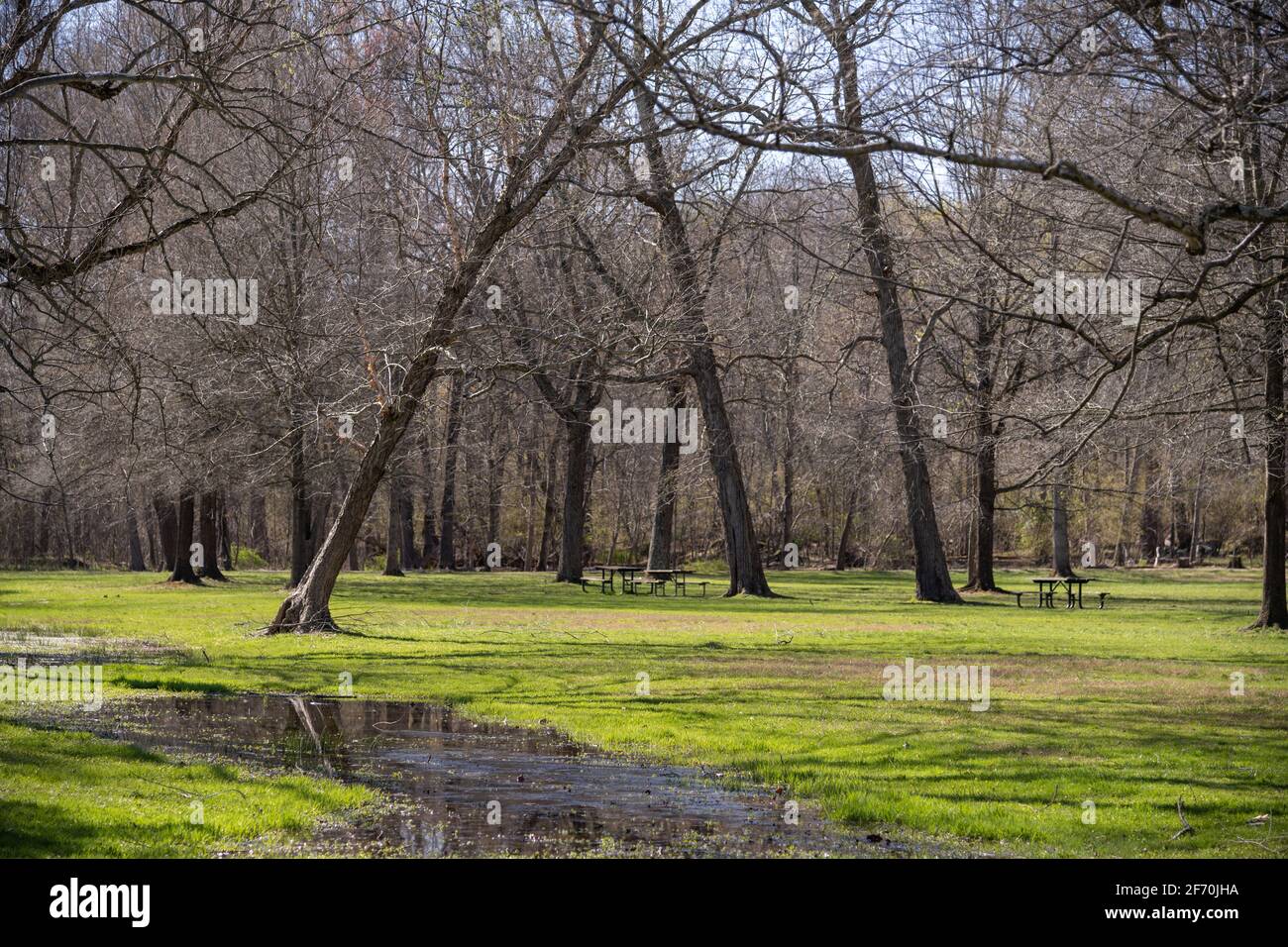 A photo taken of an empty picnic area in Great Falls Park on a dpring ...