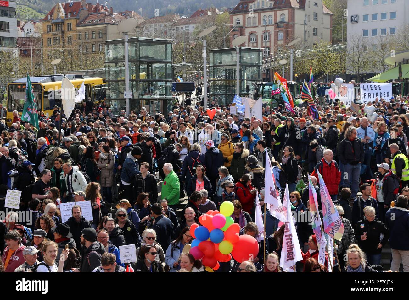 Corona-Protests in Stuttgart, Germany. The motto of the demo was "Basic ...