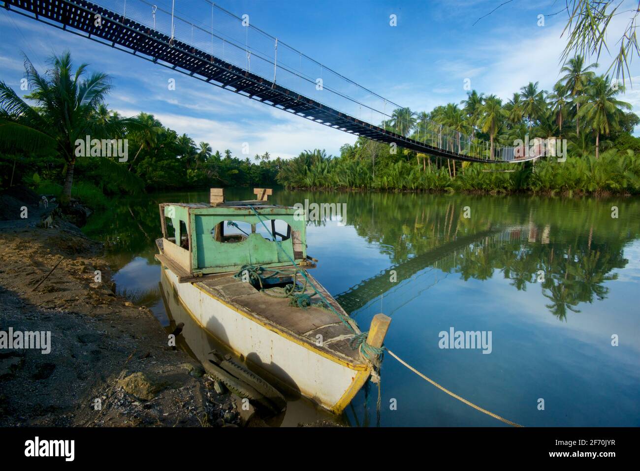 Moored boats beneath a suspension footbridge on the Loboc River, Bohol ...