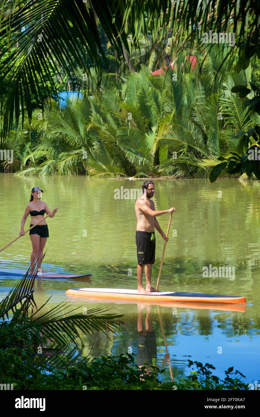 Western couple standing on separate paddleboards on the Loboc River ...