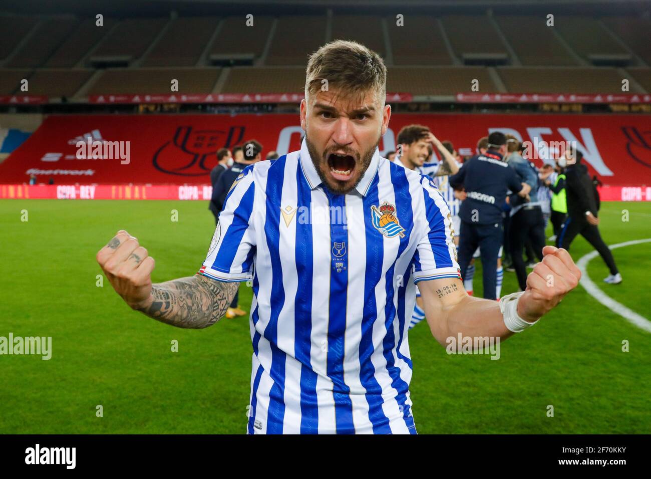 Cristian Portugués Portu of Real Sociedad celebrates the victory at ...