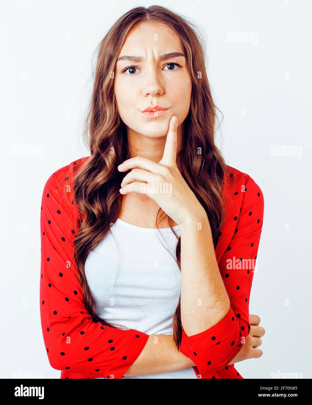 young pretty stylish hipster girl posing emotional isolated on white ...