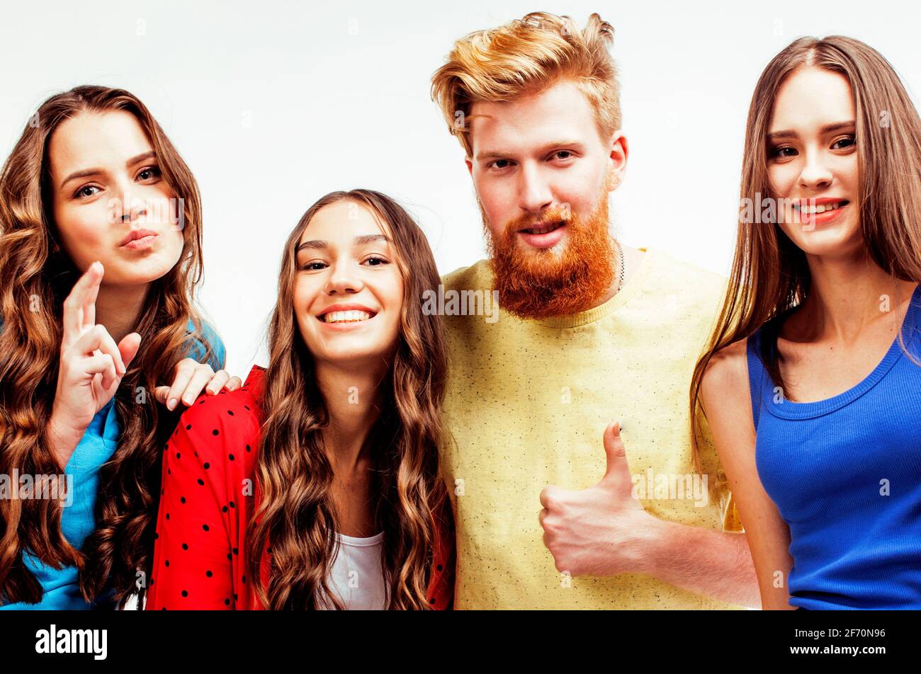 company of hipster guys, bearded red hair boy and girls students having ...