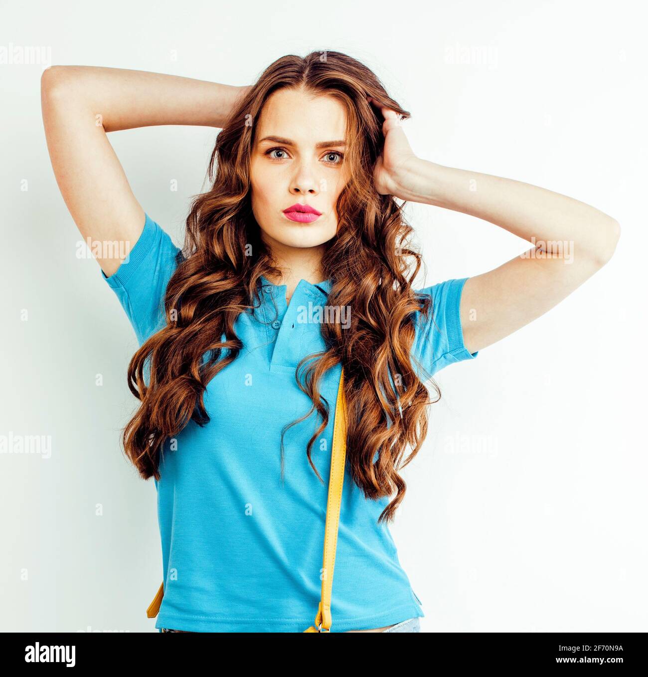 young pretty teenage hipster girl posing emotional happy smiling on ...