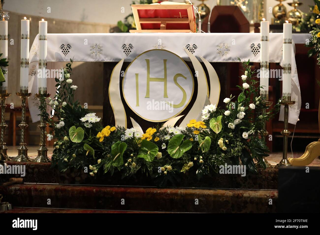 The bishop grants the Sacrament of Confirmation in a large Christian ...