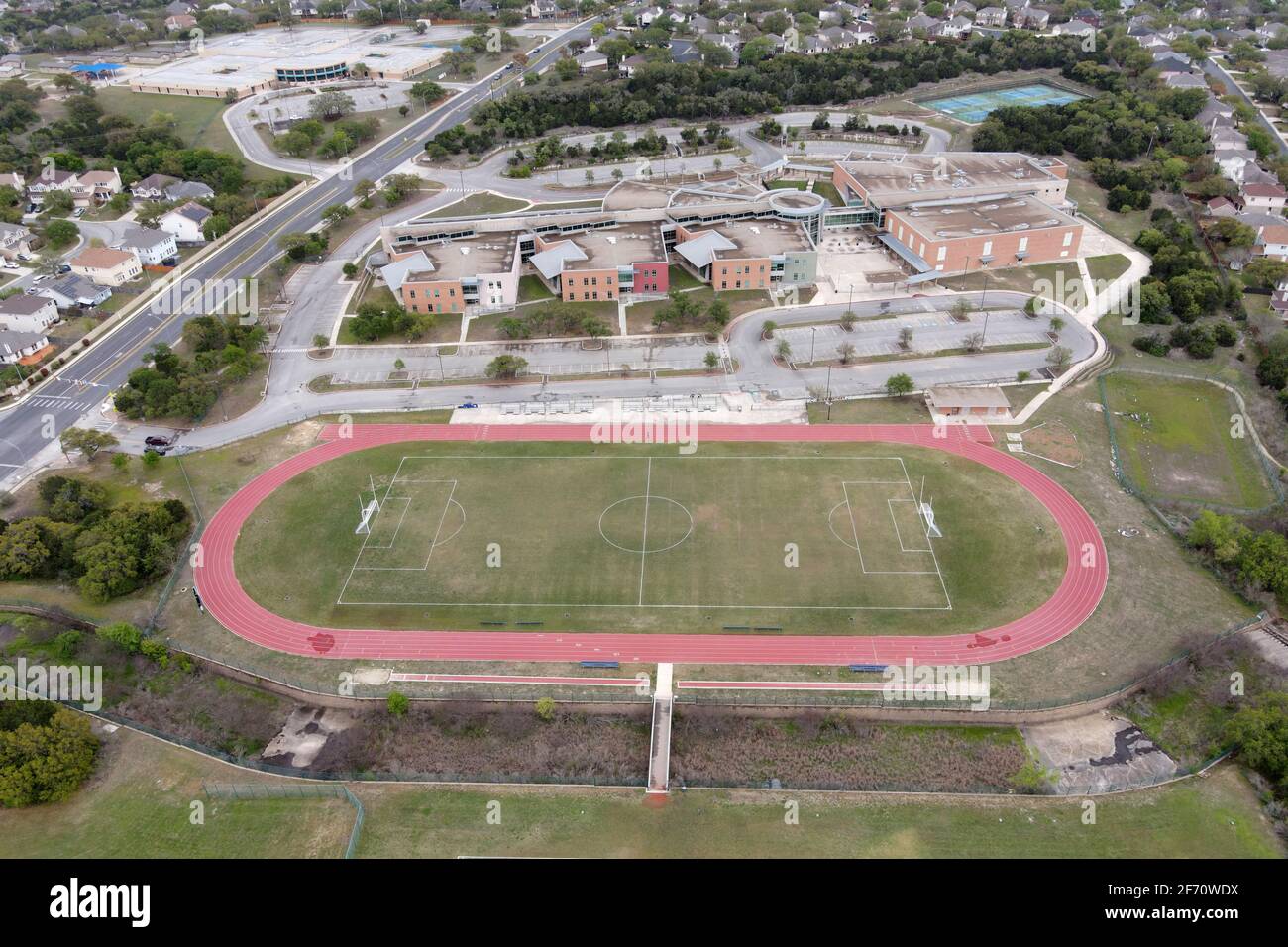 An aerial view of the track and soccer field at Jose M. Lopez Middle ...
