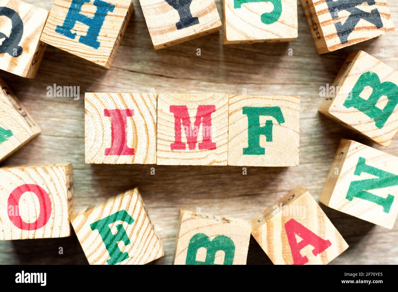 Alphabet letter block in word IMF (abbreviation of International ...