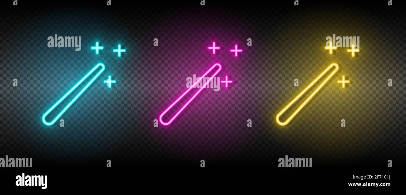 magic, stick, wizard vector icon yellow, pink, blue neon set. Tools ...