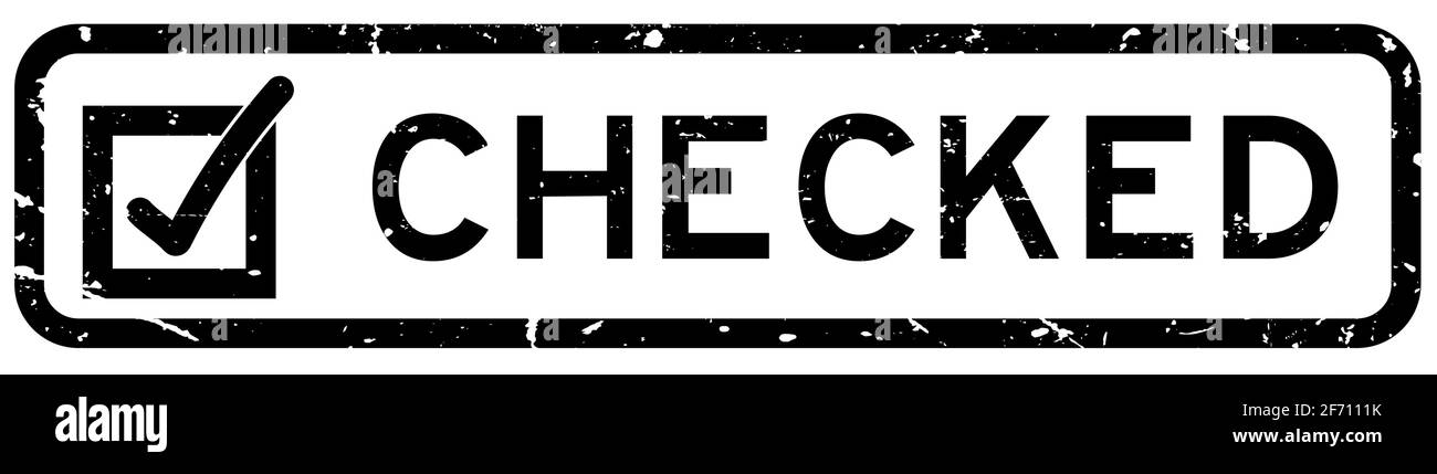 Grunge black checked word with check mark icon square rubber seal stamp ...