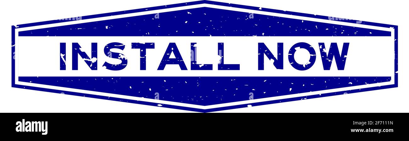 Grunge blue install now word hexagon rubber seal stamp on white ...