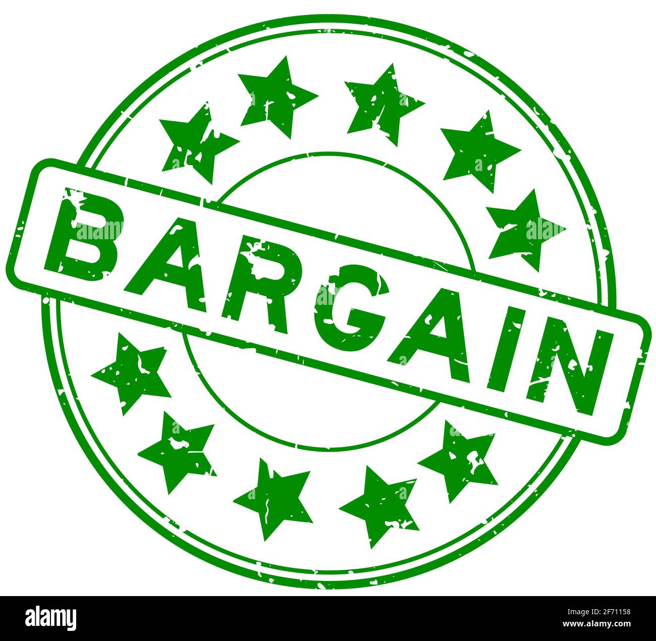 Grunge green bargain word with star icon round rubber seal stamp on ...