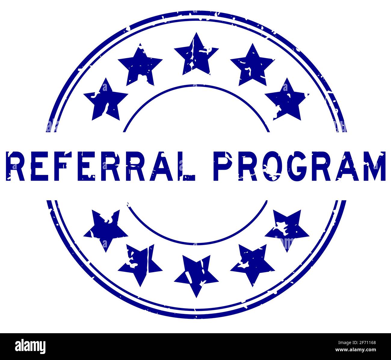 Grunge blue referral program word with star icon round rubber seal ...