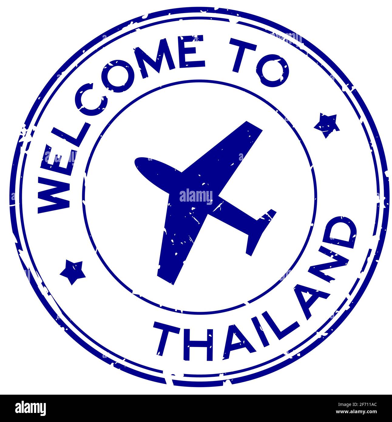 Grunge blue welcome to Thailand word with airplane icon round rubber ...