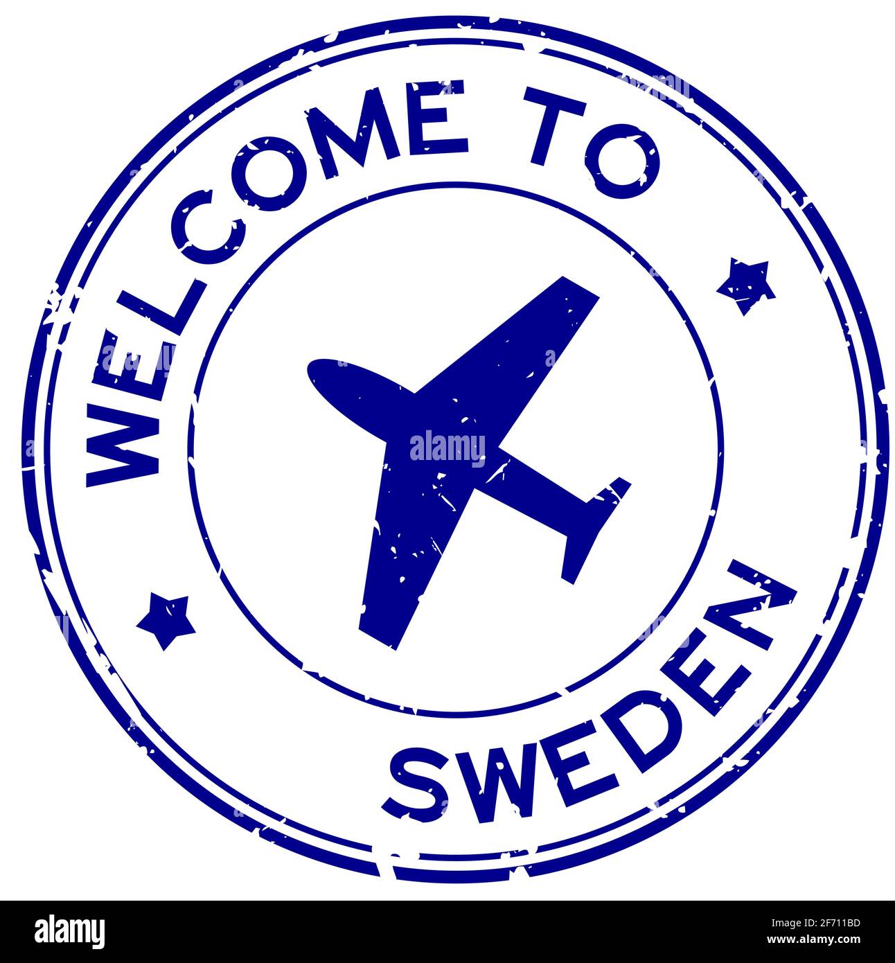 Grunge blue welcome to Sweden word with airplane icon round rubber seal ...