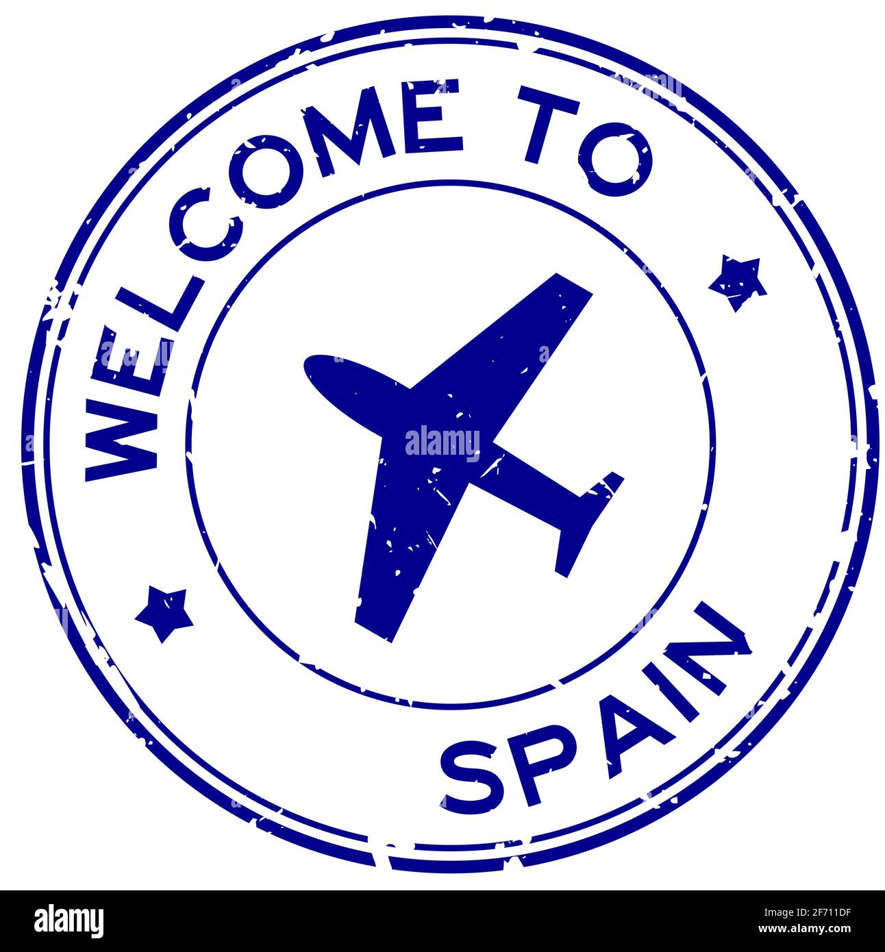 Grunge blue welcome to Spain word with airplane icon round rubber seal ...