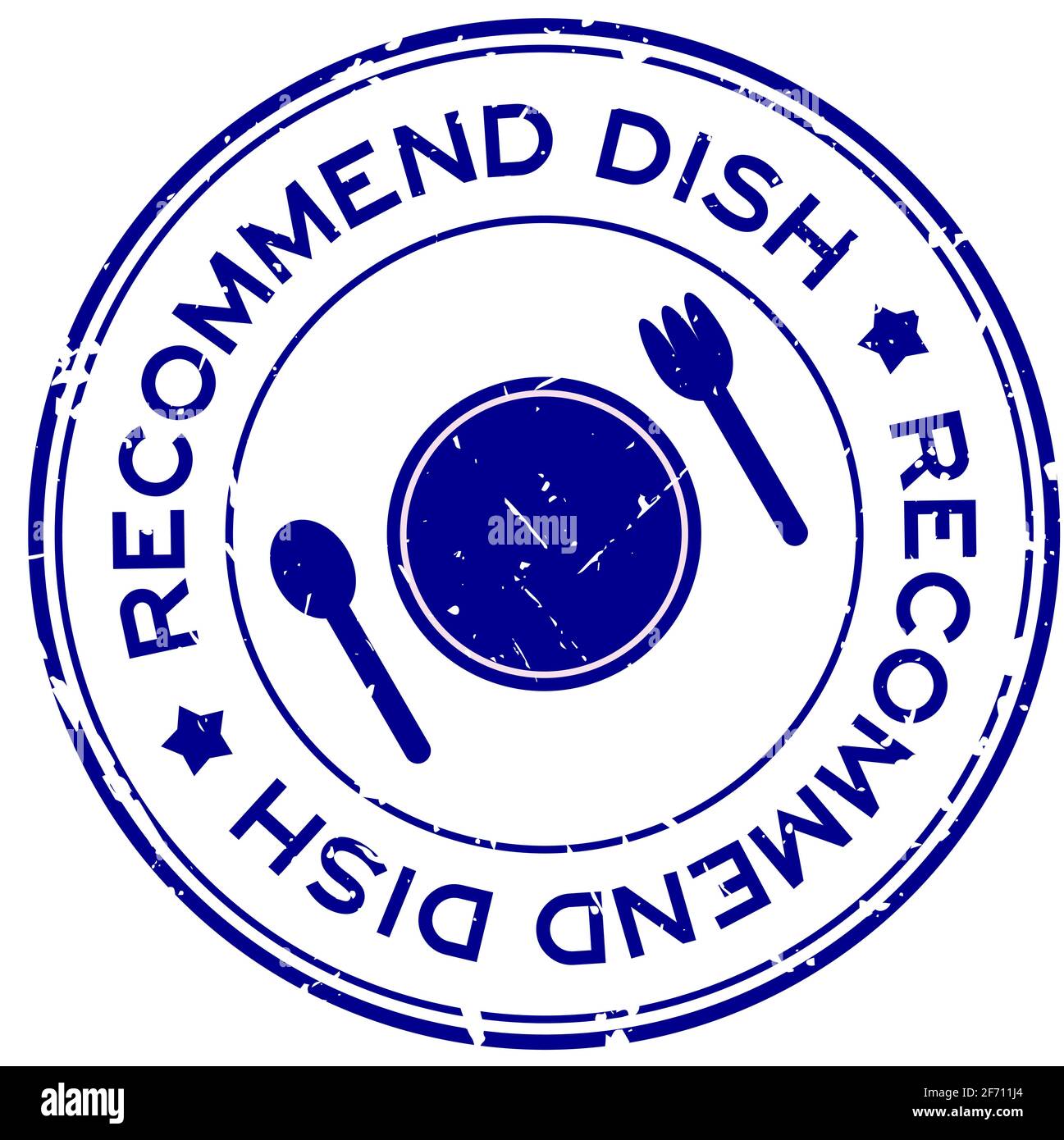 Grunge blue recommended dish word with dish, spoon and fork icon rubber ...
