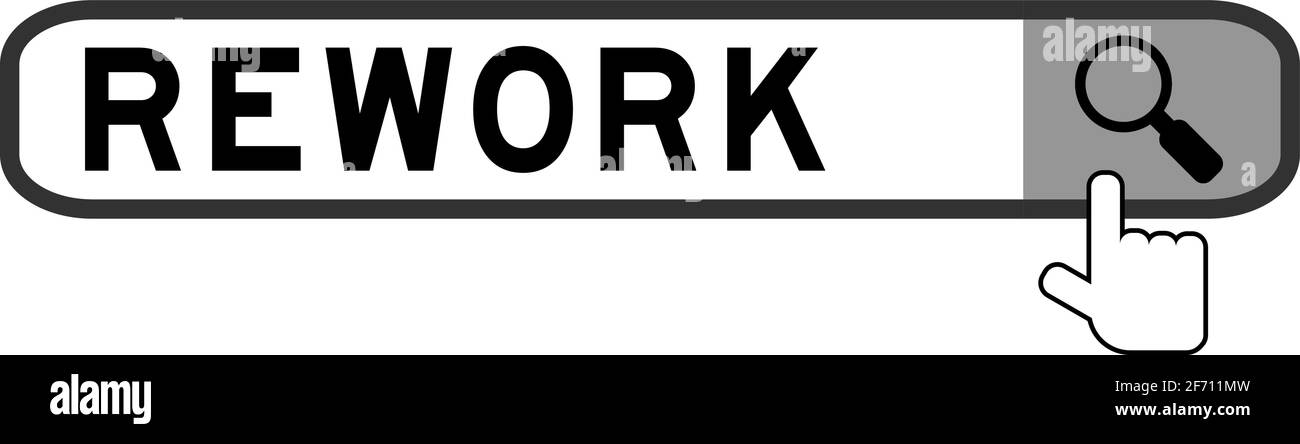 Search banner in word rework with hand over magnifier icon on white ...