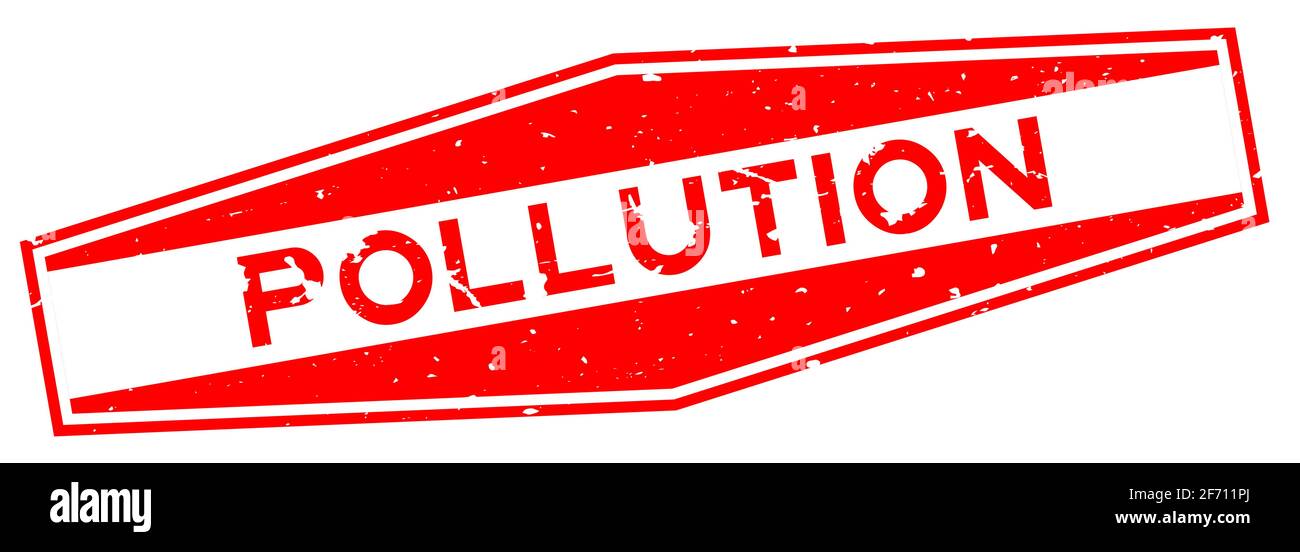 Grunge Red Pollution Word Hexagon Rubber Seal Stamp On White Background