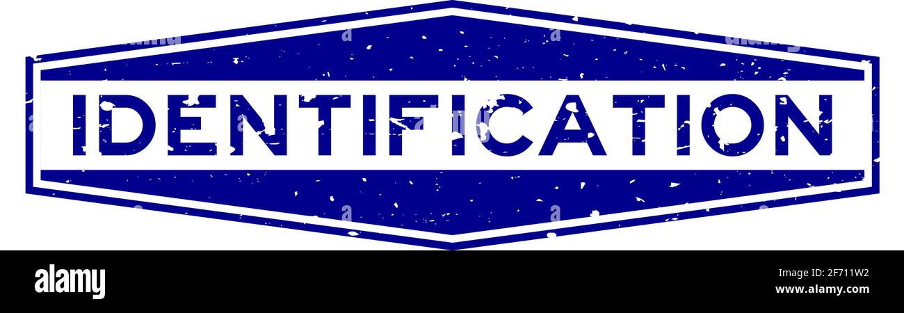 Grunge blue identification word hexagon rubber seal stamp on white ...