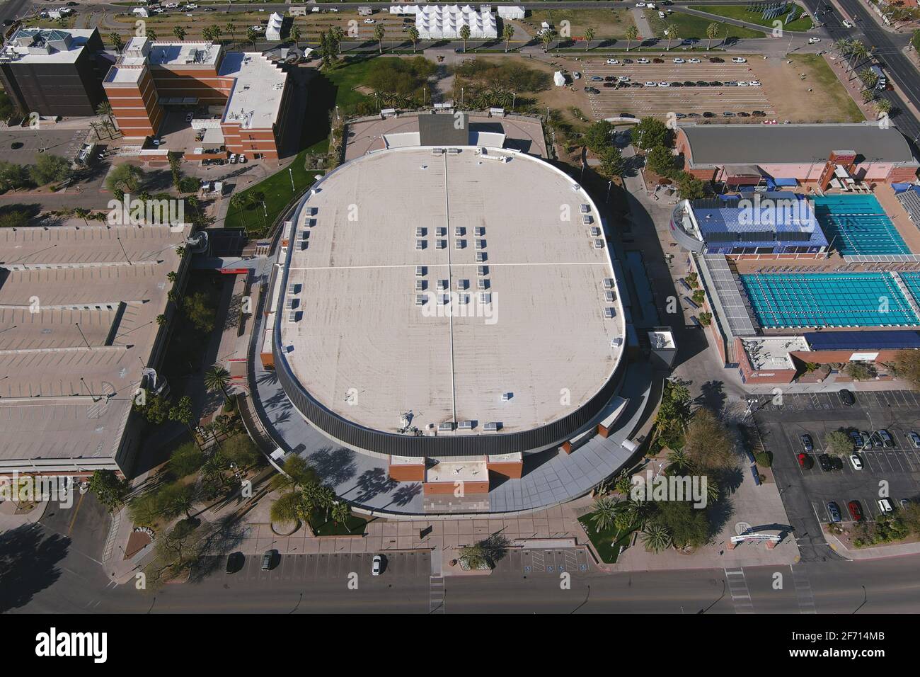 An aerial view of the McKale Center on the campus of the University of ...