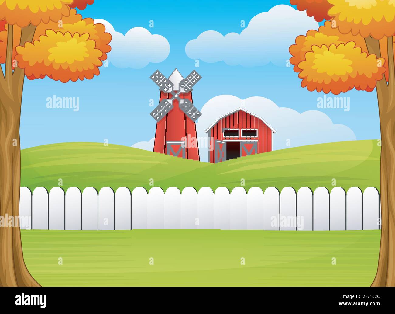 Cartoon farm landscape with windmill and barn Stock Vector Image & Art ...