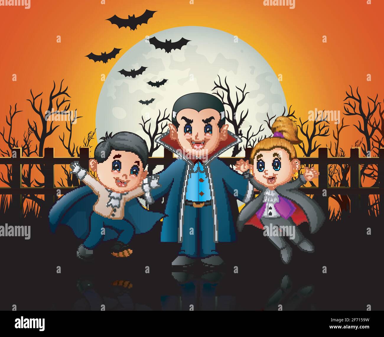 Vector illustration of Funny cartoon vampire with costume at night ...