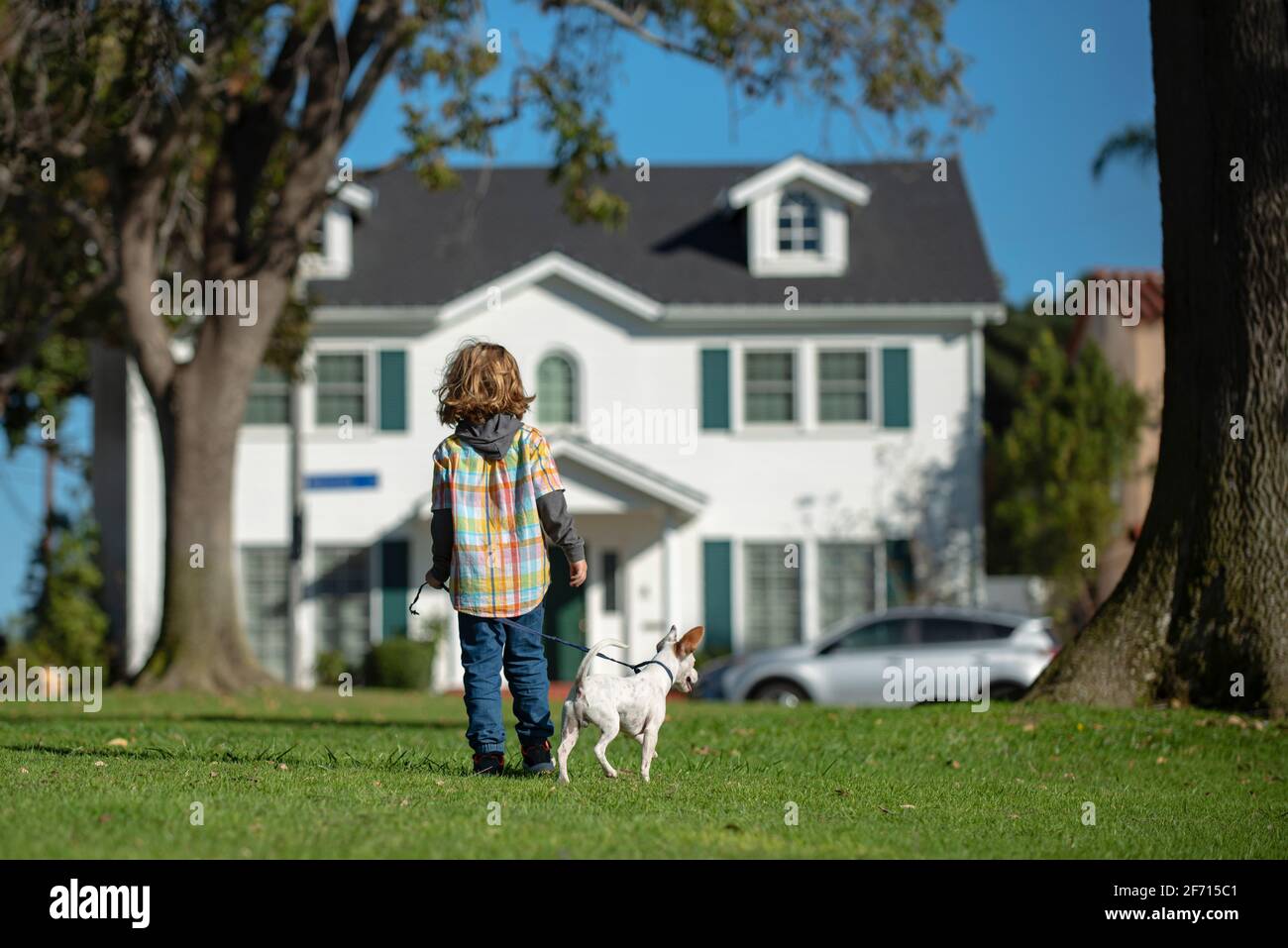 Little child walking with dog in garden. Happy childhood Stock Photo ...