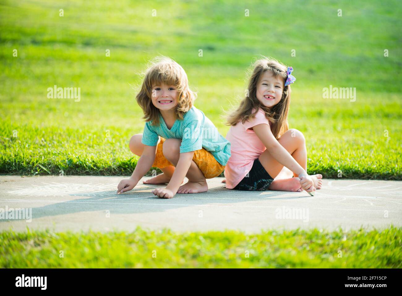 Kids adaptation. Couple of children playing outdoor. Boy and sad girl ...