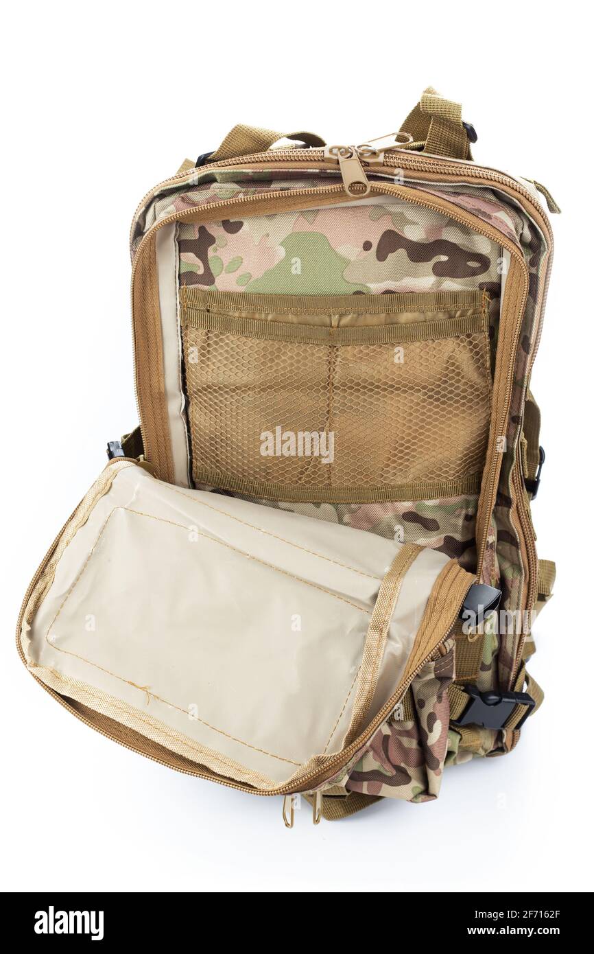Open military backpack of khaki color on a white background. It can be ...