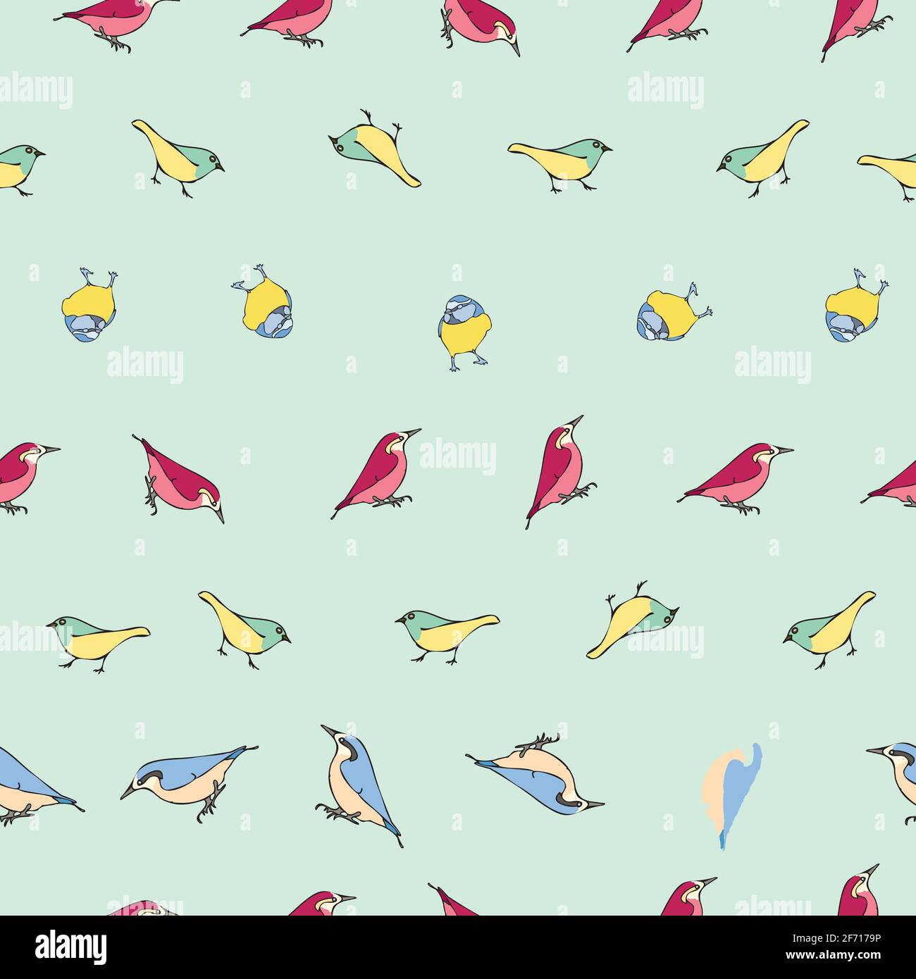 Vector pastel orange background blue red birds seamless pattern. Blue tit, Purple Finch ...