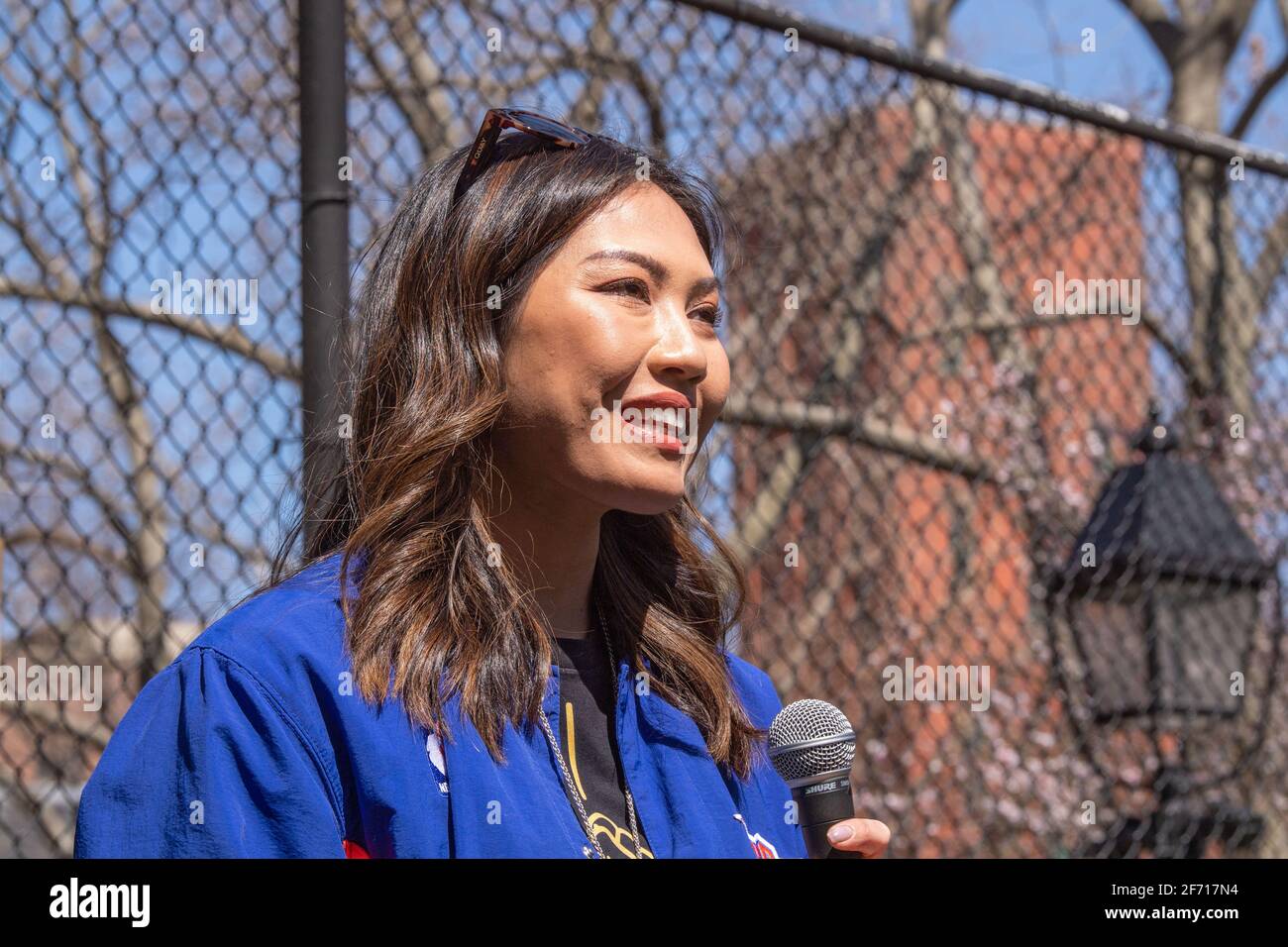 NEW YORK, NY - APRIL 3: Julia Lee speaks at a rally against hate in ...