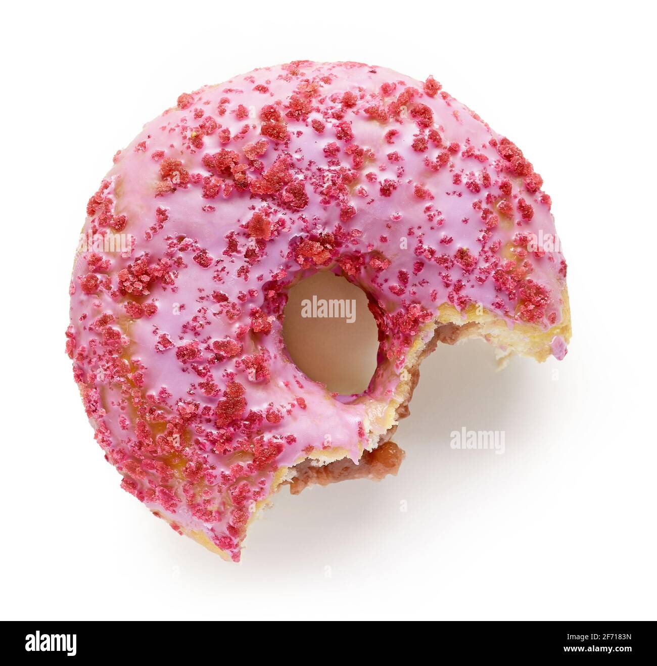 bitten pink donut isolated on white background, top view Stock Photo ...