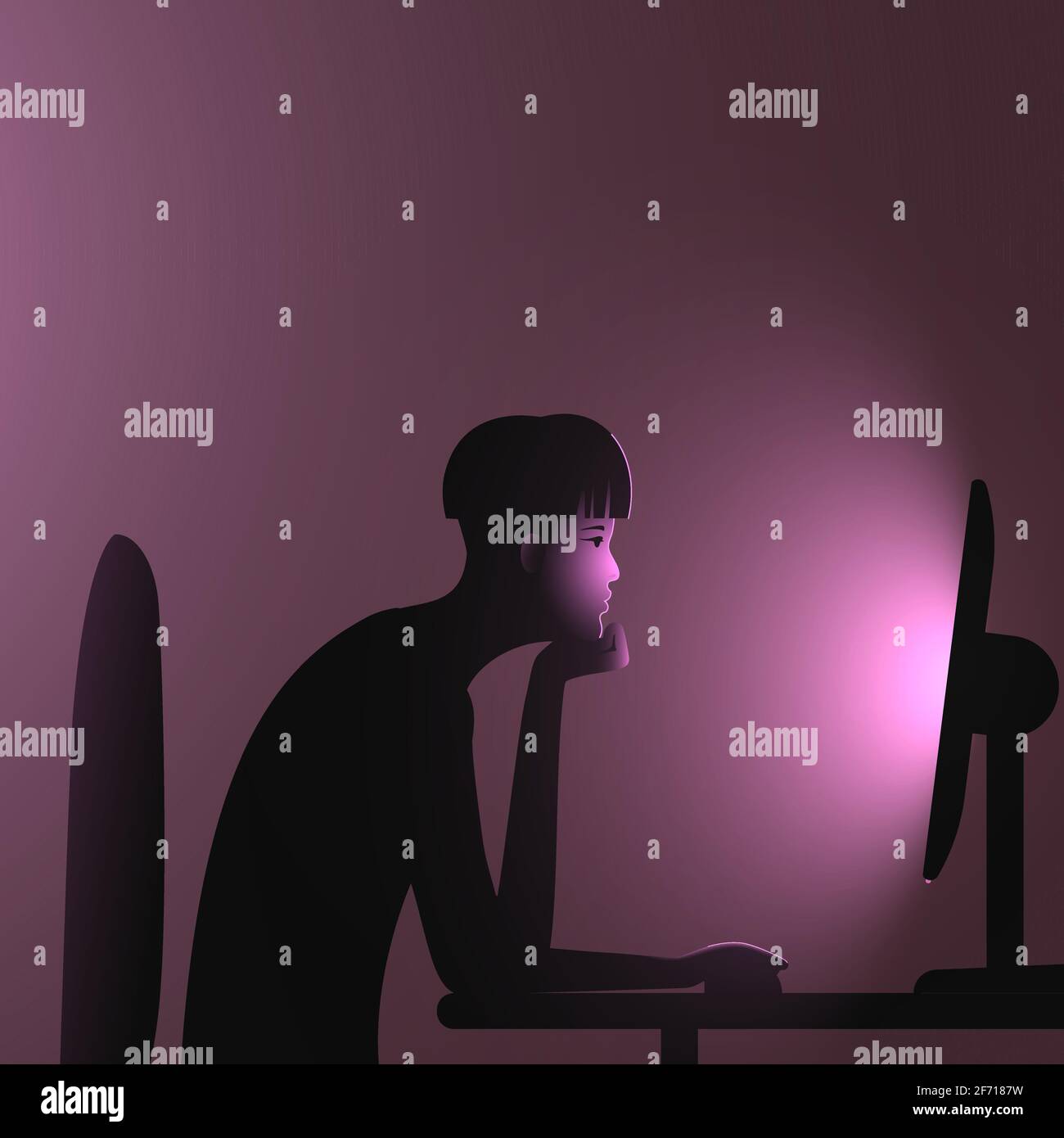 Internet addiction. A woman with an undercut bob hairstyle sits at a ...