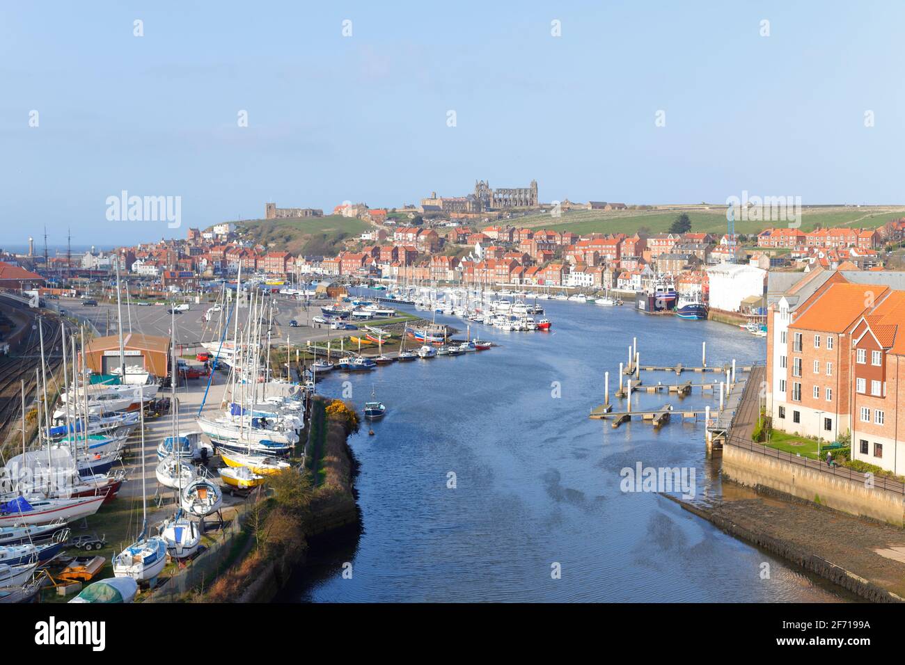 A view across Whitby from the A171 bridge above the Esk River Stock ...