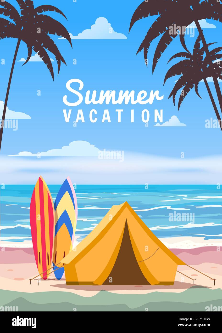 Tourist tent camping on the tropical beach, surfboards, palms. Summer ...