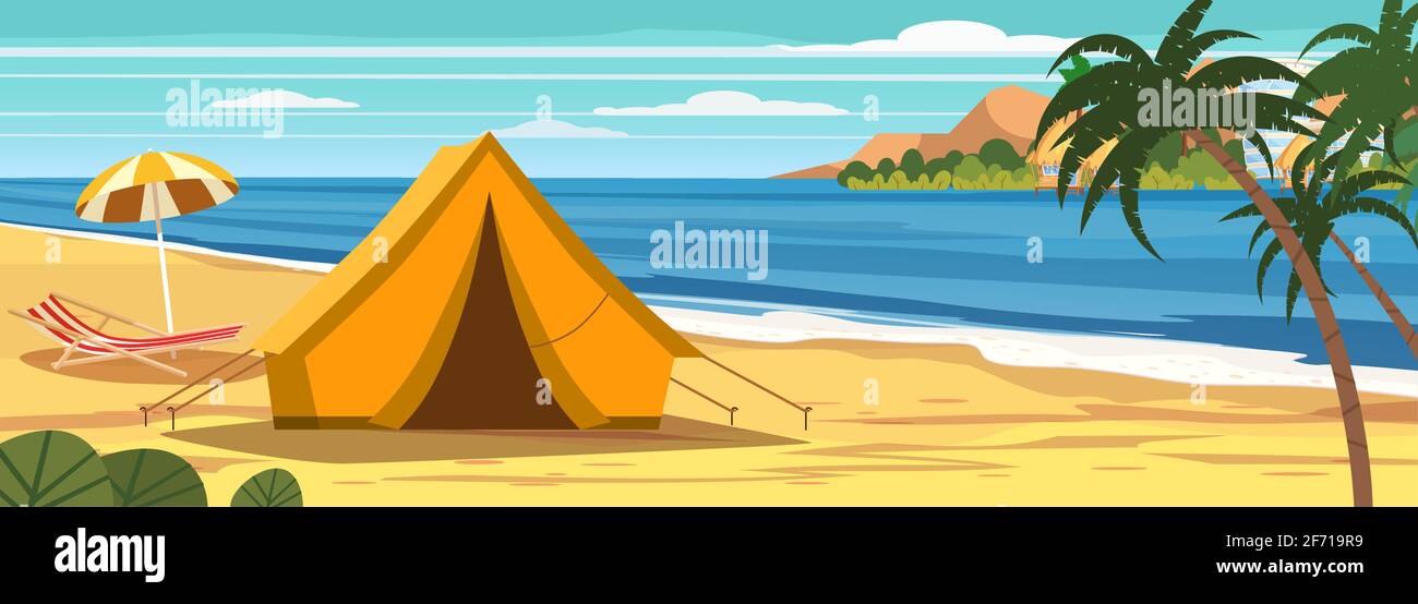 Summer vacation. Tourist tent camping on the tropical beach, palms ...