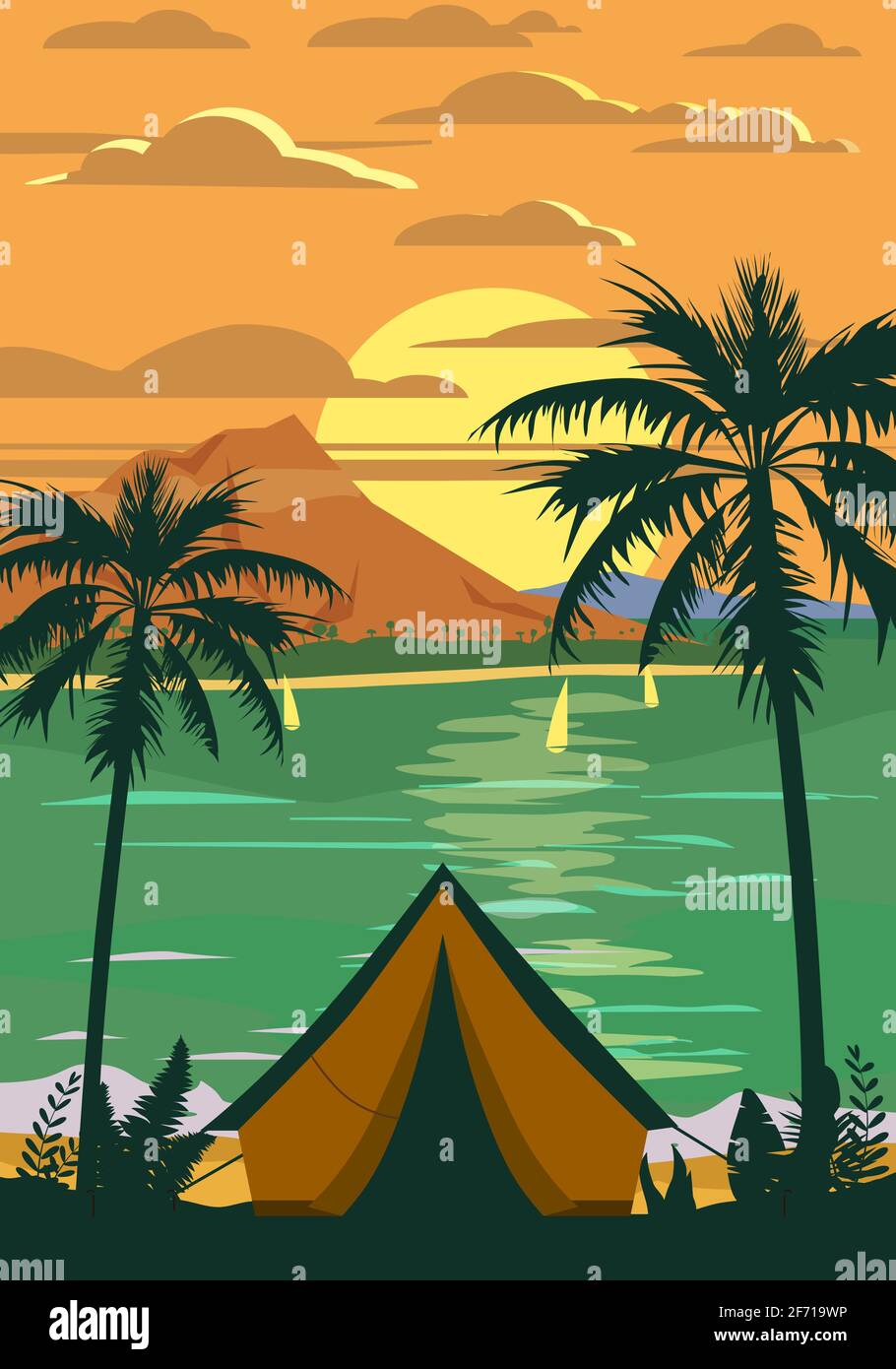 Tourist tent camping on the tropical beach, palms. Summer vacation ...