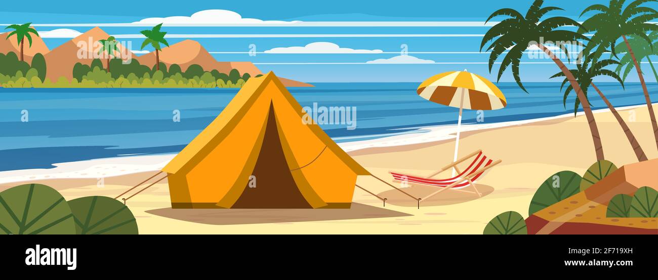 Summer vacation. Tourist tent camping on the tropical beach, palms ...