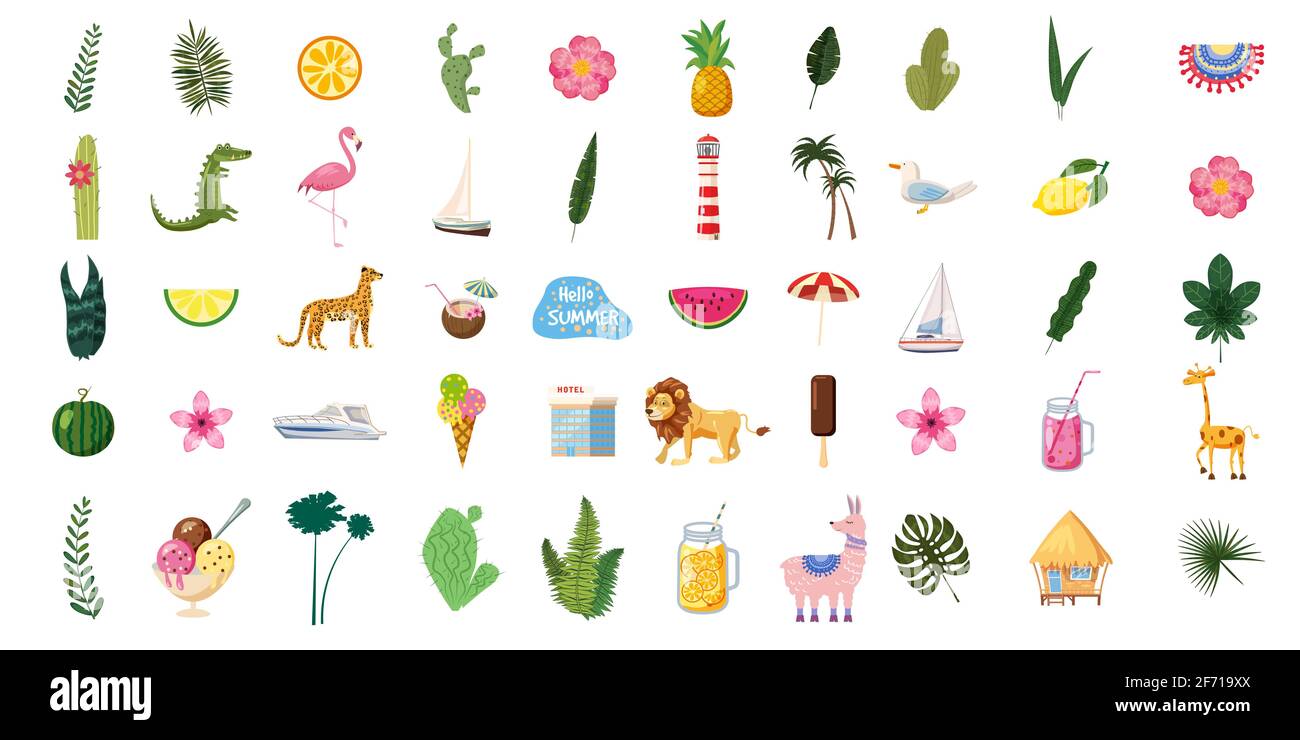 Set of cute trendy summer icons food, drinks, exotic plants, flowers ...