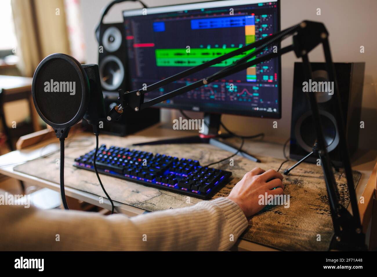 Workplace of musician at home. Table with pc and microphone Stock Photo ...