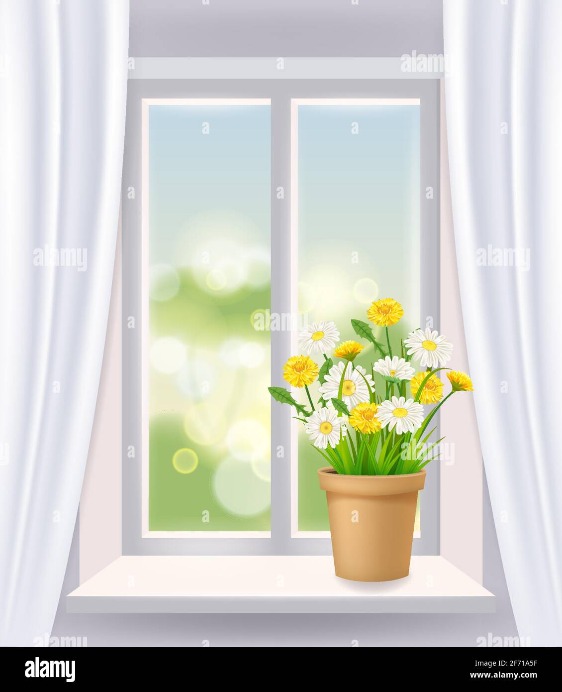 Window view in interior, spring, flower pot with flowers daisy and ...