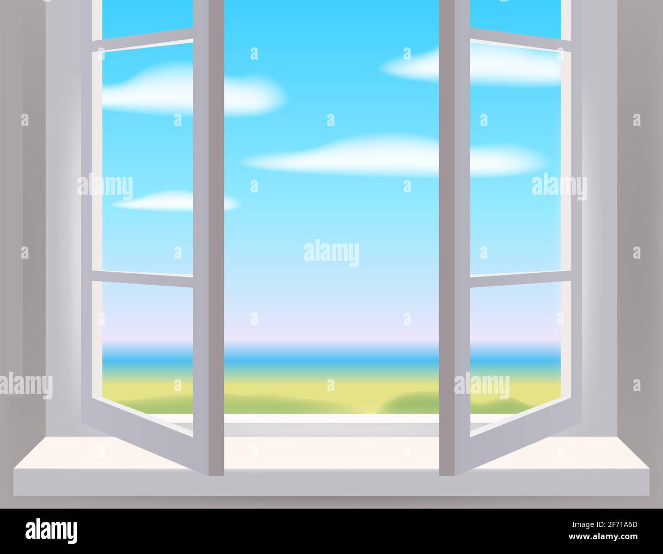Open window in interior, view on landscape, spring, curtains. Vector ...