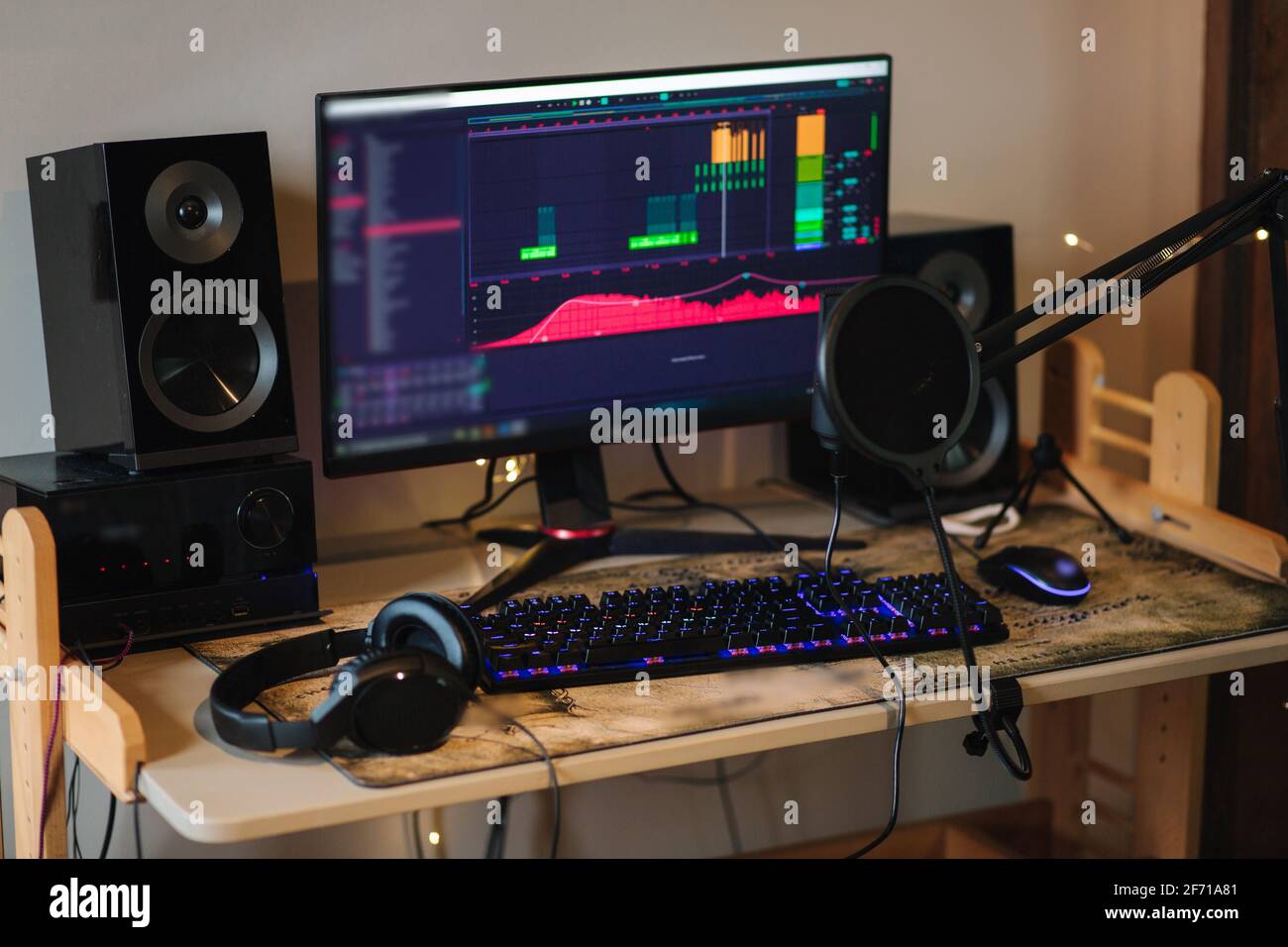 Workplace of musician at home. Table with pc, microphone and headphones ...