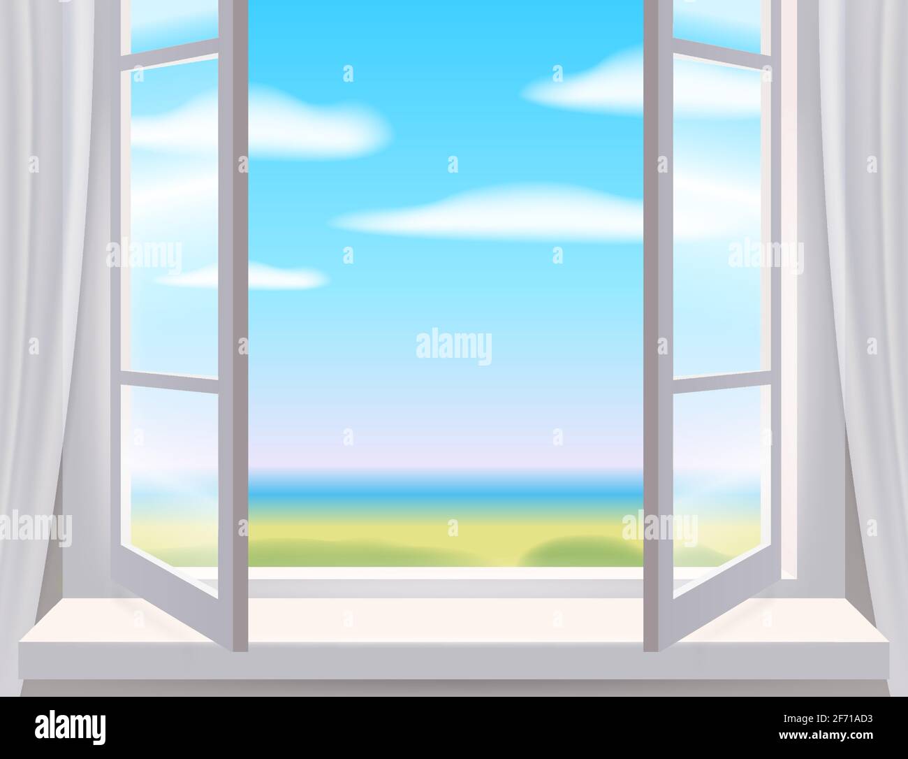 Open window in interior, view on landscape, spring. Vector illustration ...