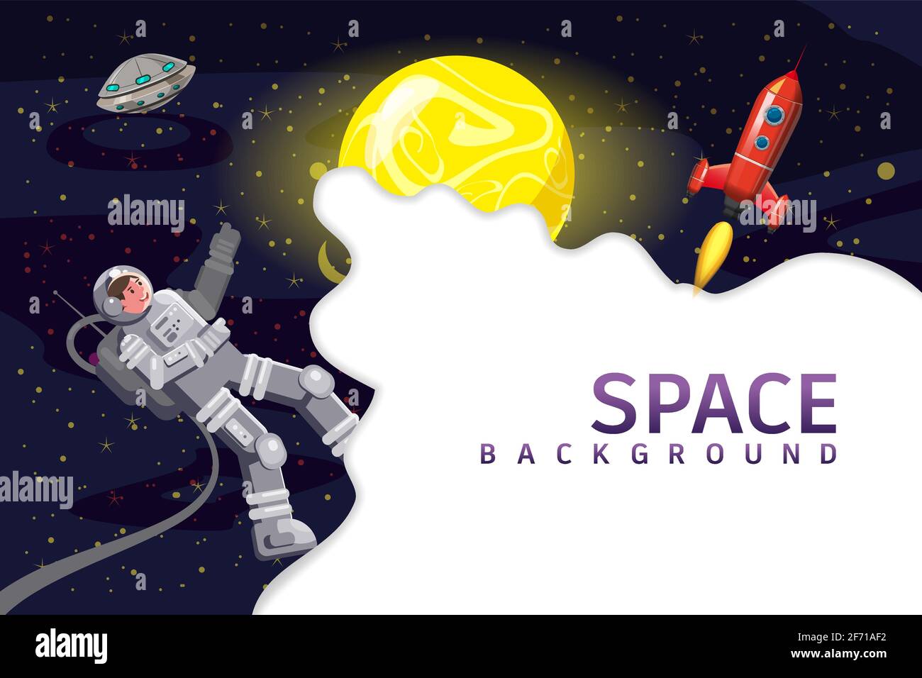 Space card background with spaceman, rocket, UFO, sun, stars ...