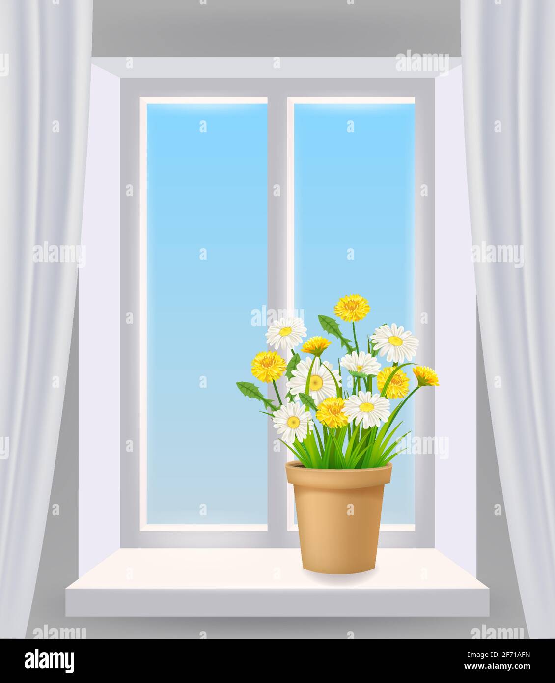 Window view in interior, spring, flower pot with flowers daisy and ...