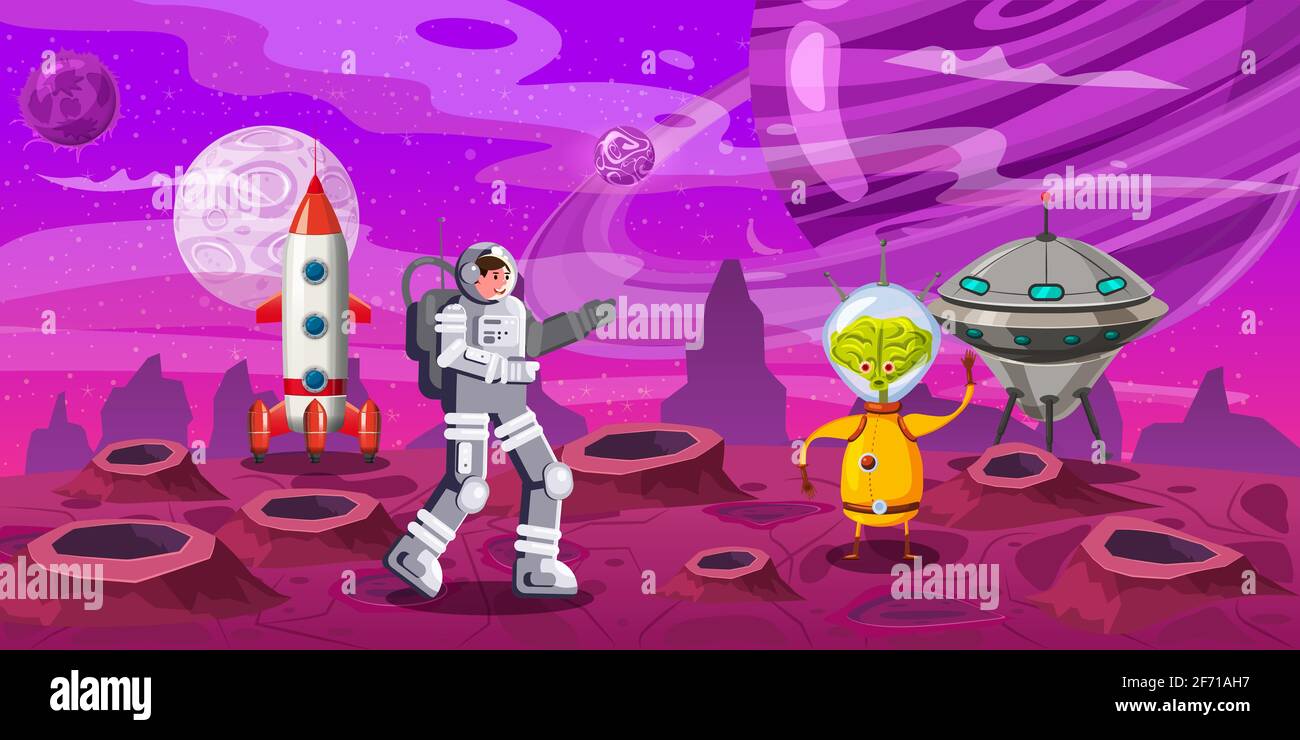 Astronaut exploring alien planet rocket. Contact with a alien UFO ...