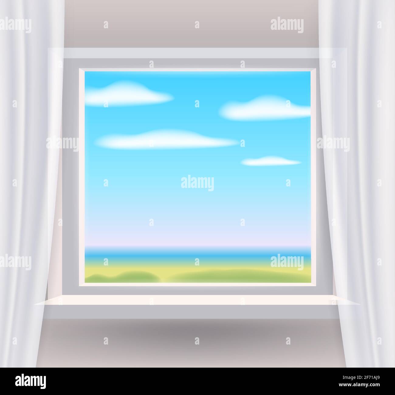 Window, view on landscape, spring, interior, curtains. Vector ...
