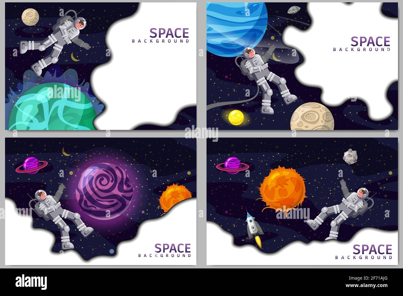 Set Space card backgrounds with spaceman, rocket, UFO, sun, stars ...